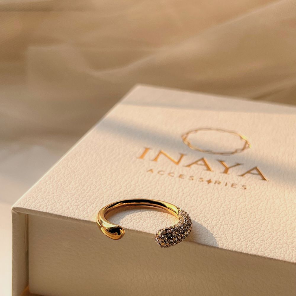 18Kt Gold Plated Crescent Zirconia Ring, Iris – Inaya Accessories
